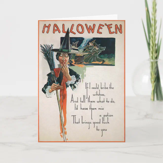 Vintage Broom Witch Poem Halloween Card | Zazzle