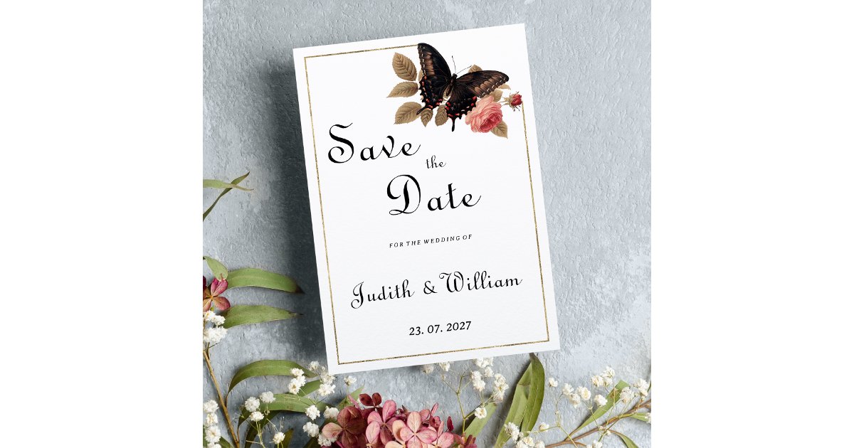 Vintage brown gold pink butterfly Save the Date Invitation | Zazzle