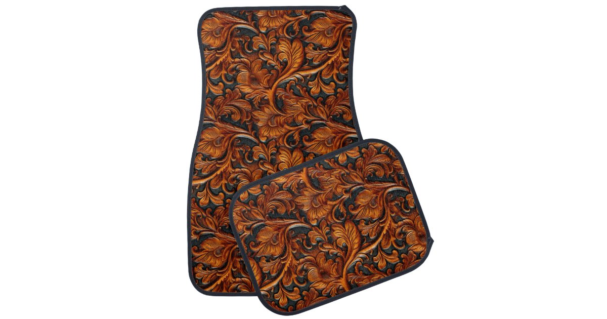 Vintage brown tooled leather floral car floor mat | Zazzle