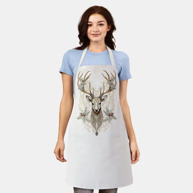 Vintage Buck with Holly and Berries Christmas Apron | Zazzle