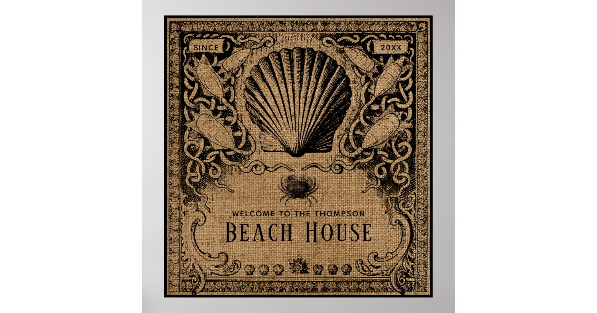 Vintage Burlap Beach House Poster | Zazzle