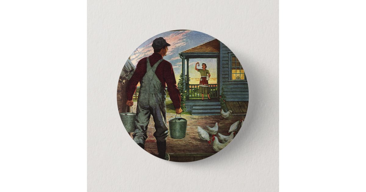 Vintage Business, Farm with Farmer and Chickens Pinback Button | Zazzle
