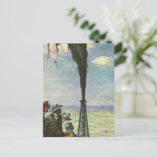 Vintage Business, Gushing Oil Well with Workers Postcard | Zazzle