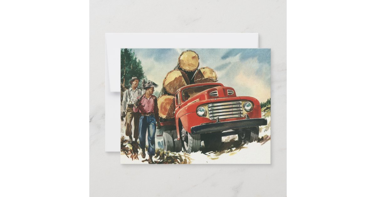 Vintage Business, Logging Truck with Lumberjacks Cards | Zazzle