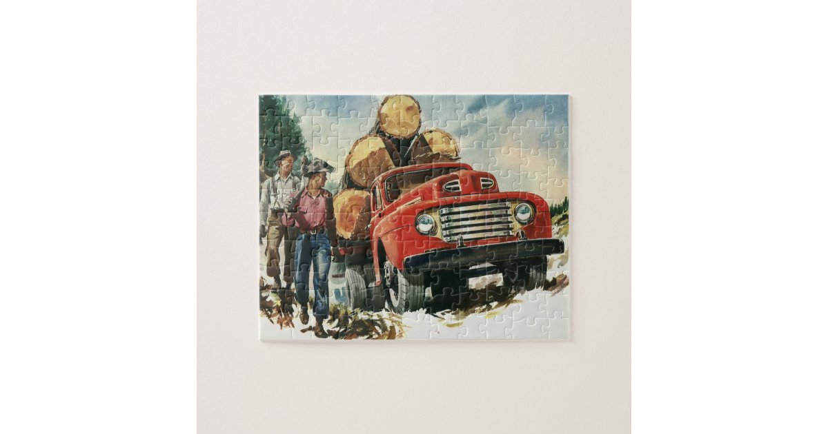 Vintage Business, Logging Truck with Lumberjacks Jigsaw Puzzle | Zazzle