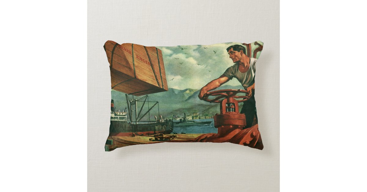Vintage Business, Oil Tanker Ship with Dock Worker Accent Pillow | Zazzle
