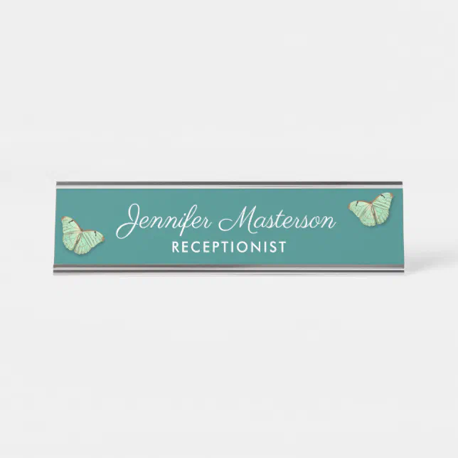 Vintage Butterflies on Teal Background with Name Desk Name Plate | Zazzle