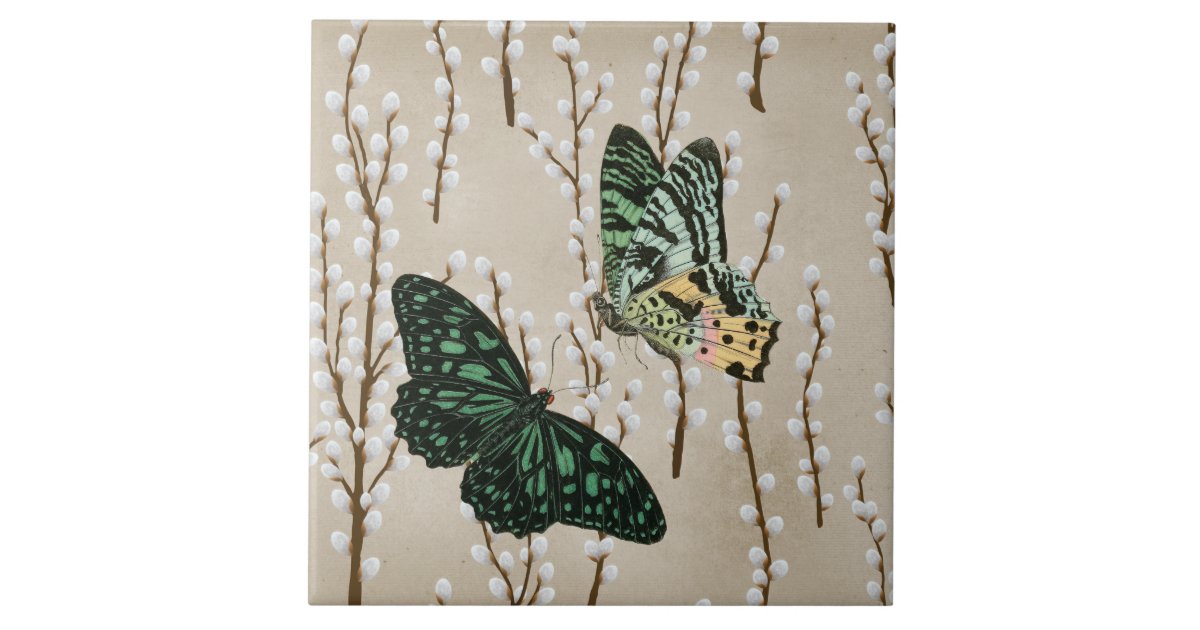 Vintage Butterflies on White Willow Catkins Ceramic Tile | Zazzle
