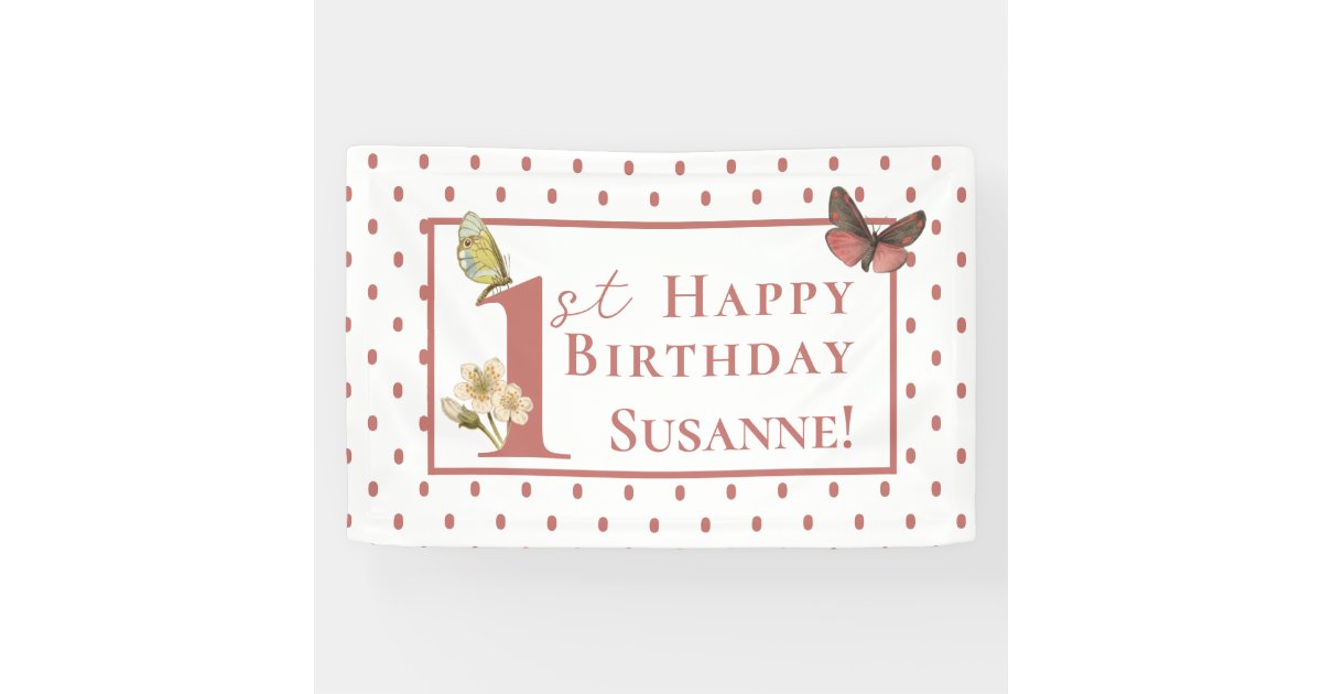Vintage Butterfly Custom Name 1st Birthday Girl Ba Banner | Zazzle