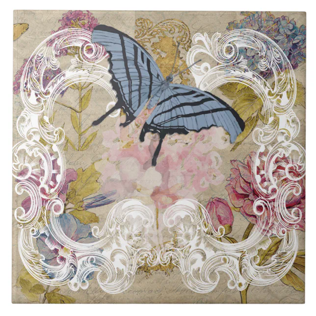 Vintage Butterfly Floral Romantic Collage Ceramic Tile | Zazzle