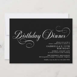 Vintage Calligraphy Elegant Black Birthday Dinner Invitation | Zazzle