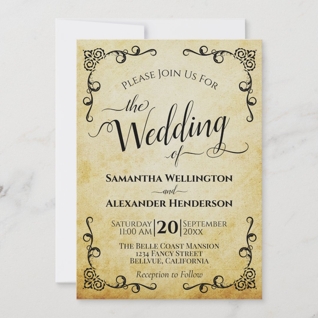 Vintage Calligraphy Faux Parchment Elegant Wedding Invitation | Zazzle