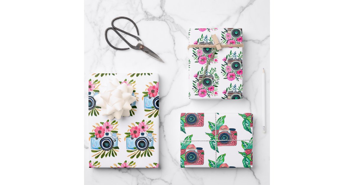 Vintage Cameras and Pink Flowers Birthday Wrapping Paper Sheets | Zazzle