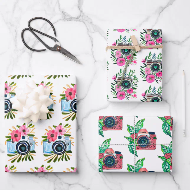 Vintage Cameras and Pink Flowers Birthday Wrapping Paper Sheets | Zazzle