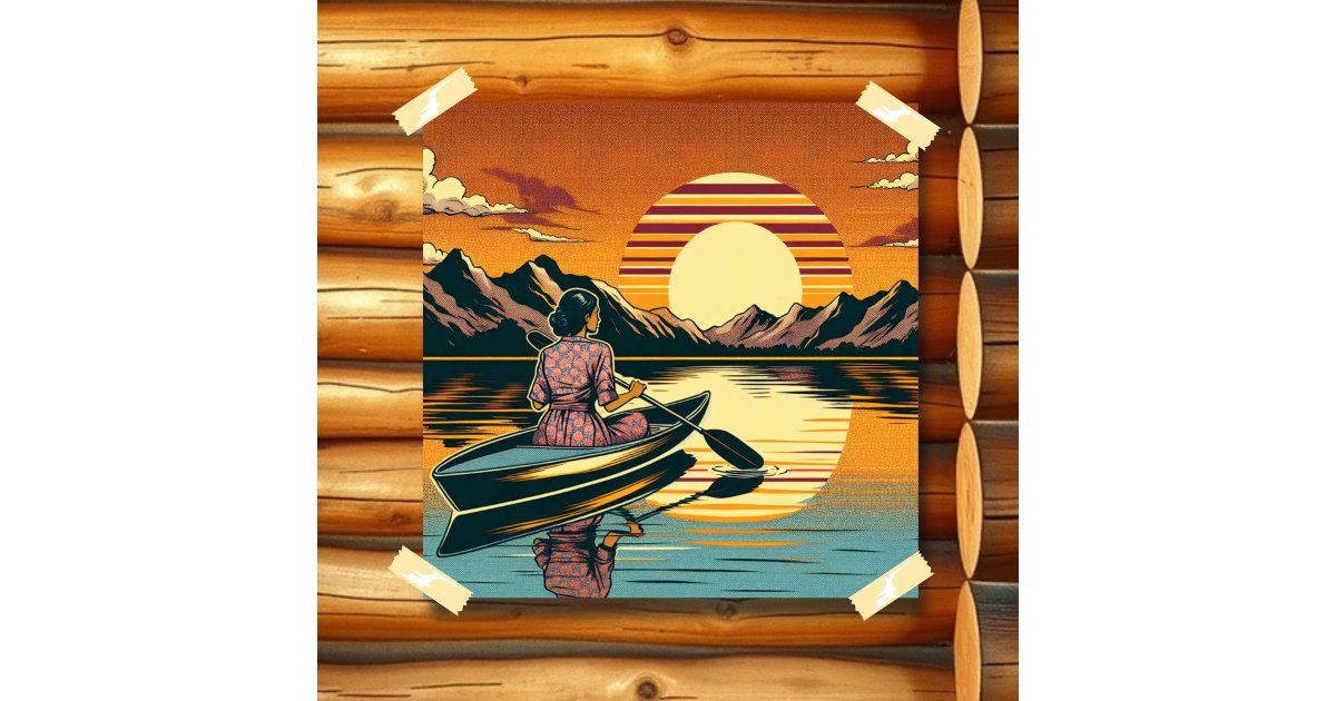Vintage Camping Scene Woman Kayaking Poster | Zazzle