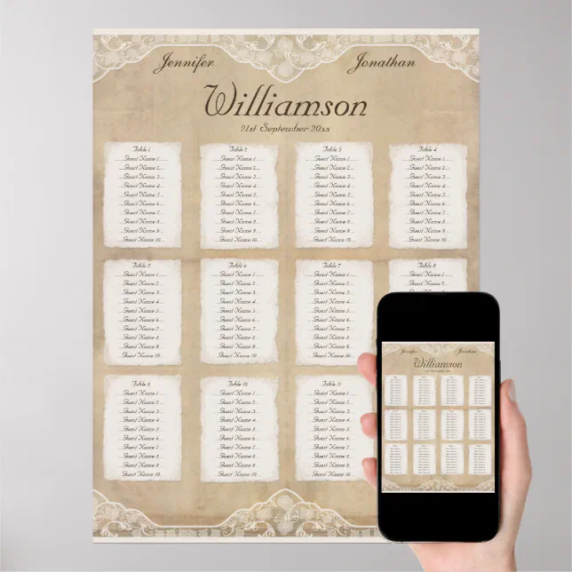 Vintage Canvas, Paper and Lace Look Seating Chart | Zazzle