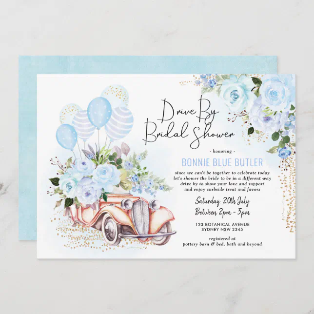 Vintage Car Blue Floral Drive By Bridal Shower Invitation | Zazzle