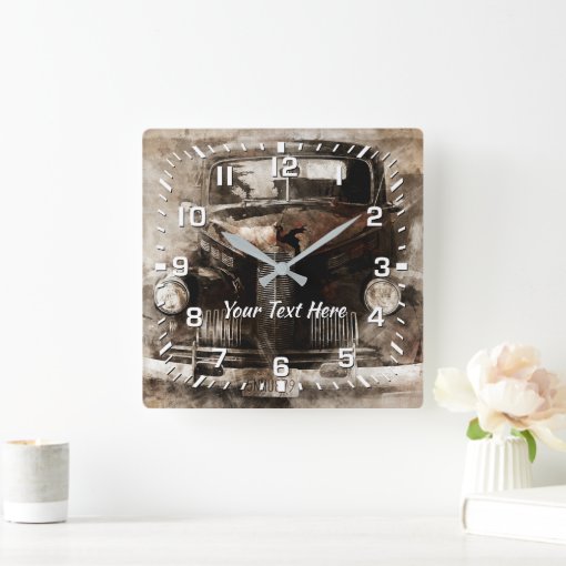 Vintage Car Graphic Your Text Square Wall Clock | Zazzle