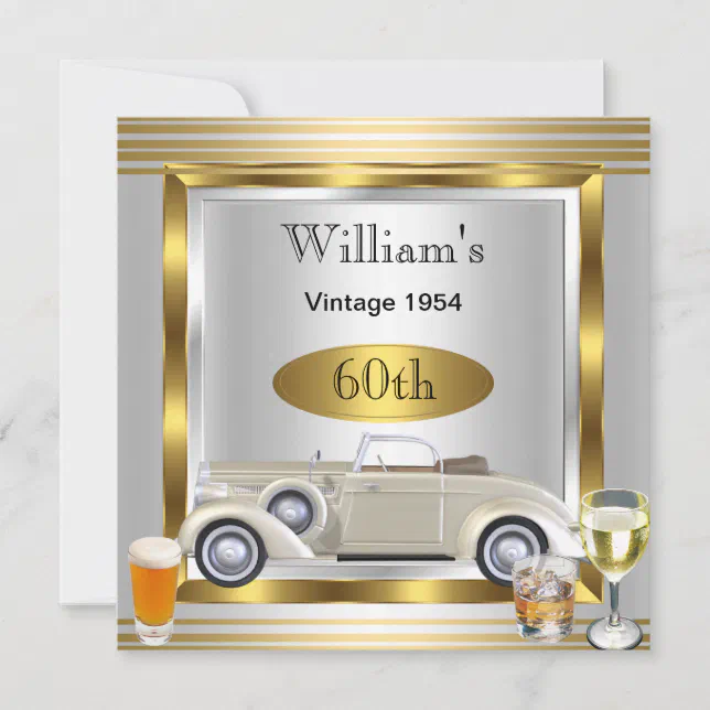 Vintage Car Mens 60th Birthday Party Gold Silver Invitation | Zazzle