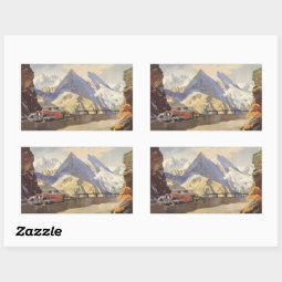 Vintage Car on Mountain Road in Winter with Snow Rectangular Sticker ...