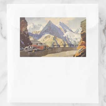 Vintage Car on Mountain Road in Winter with Snow Rectangular Sticker ...