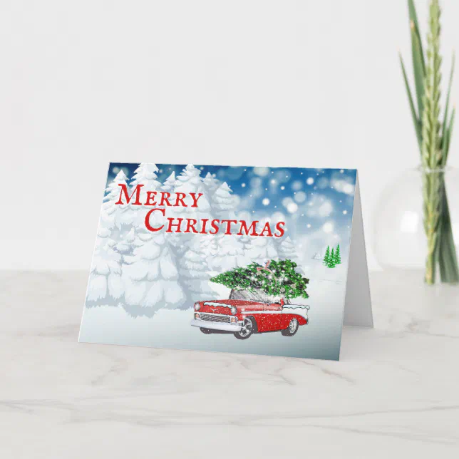 Vintage car woodland Christmas tree merry xmas Holiday Card | Zazzle
