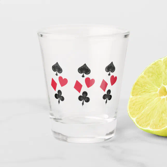 Vintage card suits, diamond, heart, clubs, spades shot glass | Zazzle