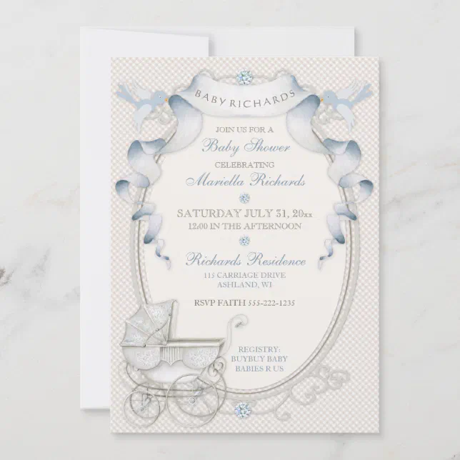 Vintage Carriage Ivory Gingham Blue Birds Invitation | Zazzle