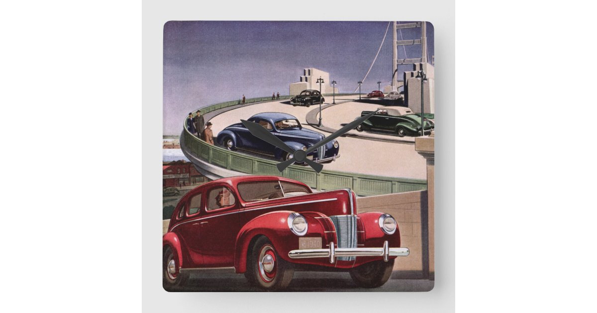 Vintage Cars, Classic Sedans Road Trip on Freeway Square Wall Clock ...