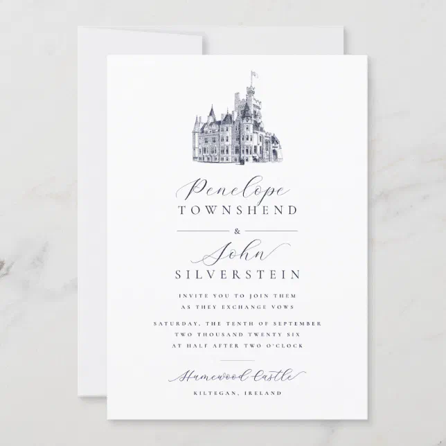 Vintage Castle Illustration Name Script Wedding Invitation | Zazzle