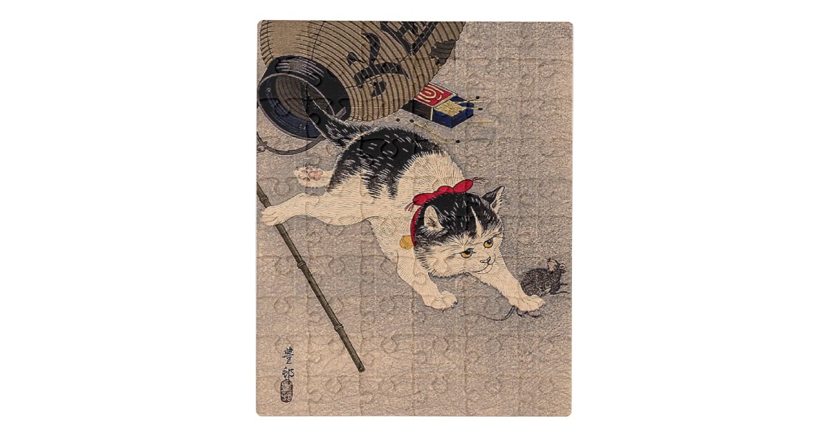 Vintage Cat and Mouse Japanese Art Jigsaw Puzzle | Zazzle