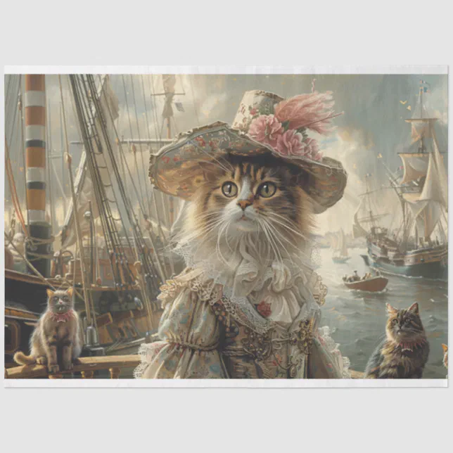 Vintage Cat in Lace on Ship Decoupage Tissue Paper | Zazzle