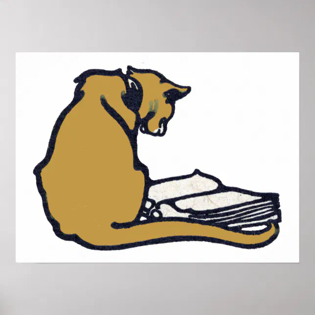 Vintage Cat Reading Book Poster | Zazzle
