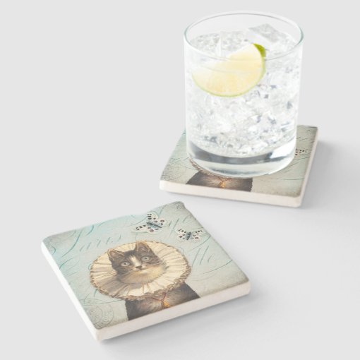 Vintage Cat with Ruff Collar and Butterflies Stone Coaster | Zazzle