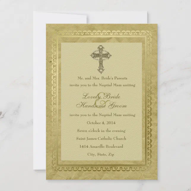 Vintage Catholic Cross Wedding Invitation Green | Zazzle