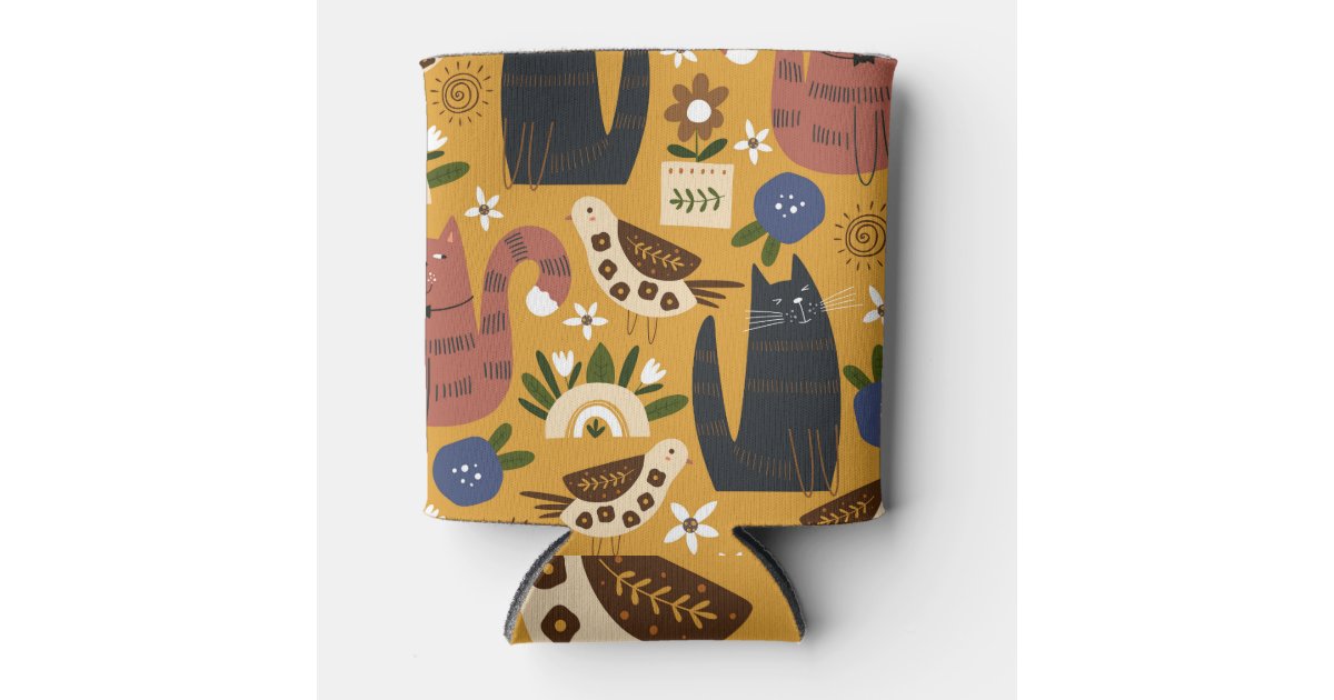Vintage Cats and Birds, Hand Drawn. Can Cooler | Zazzle