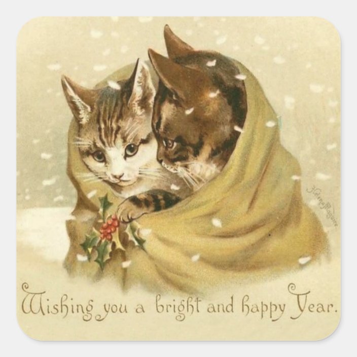 Vintage Cats New Year Stickers | Zazzle.com