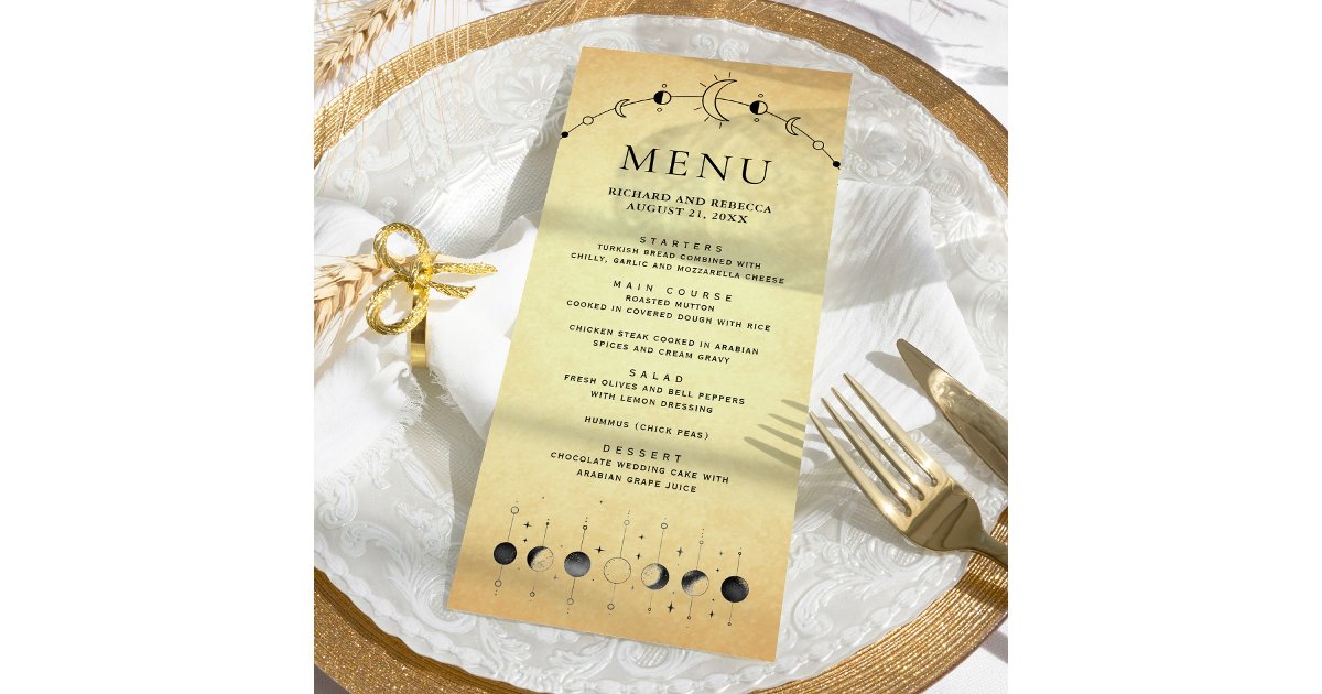 Vintage Celestial Crescent Moon Phases Wedding Menu | Zazzle