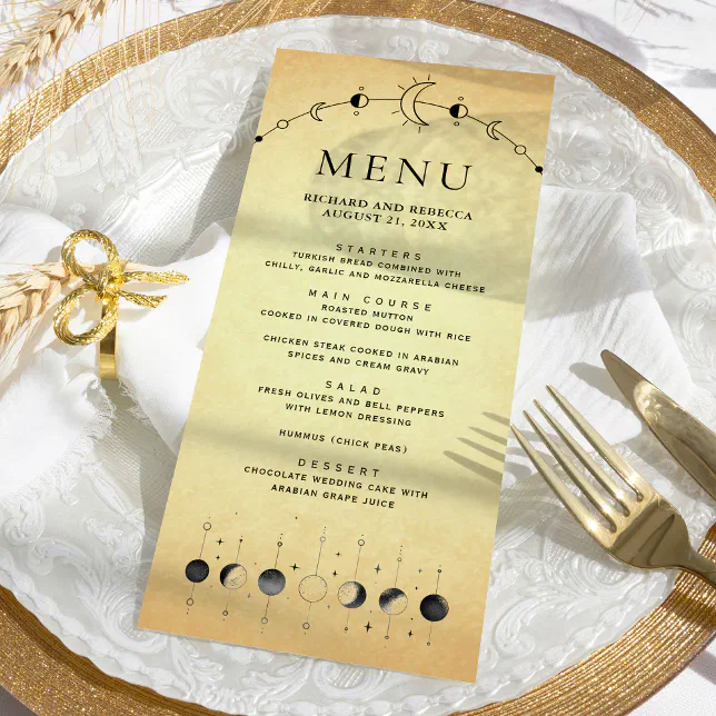 Vintage Celestial Crescent Moon Phases Wedding Menu | Zazzle