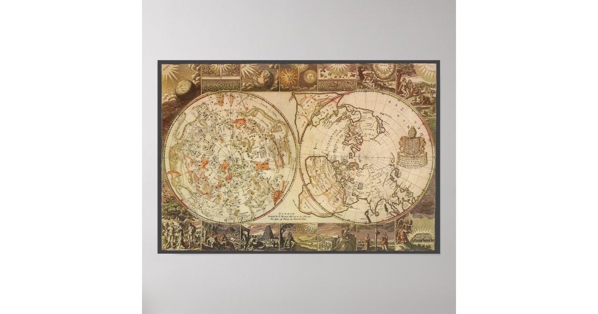 Vintage Celestial Planisphere Map by Joseph Moxon Poster | Zazzle