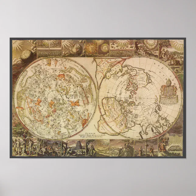 Vintage Celestial Planisphere Map by Joseph Moxon Poster | Zazzle