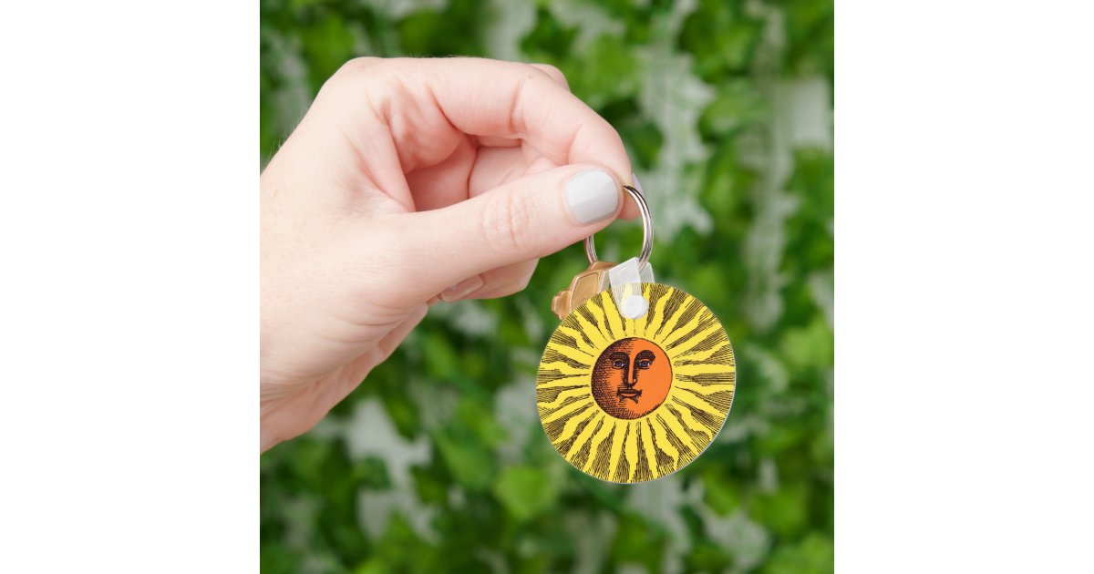 Vintage Celestial Yellow Smiling Happy Hippie Sun Keychain | Zazzle