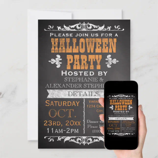 Vintage Chalkboard Halloween Party Custom Invitation | Zazzle