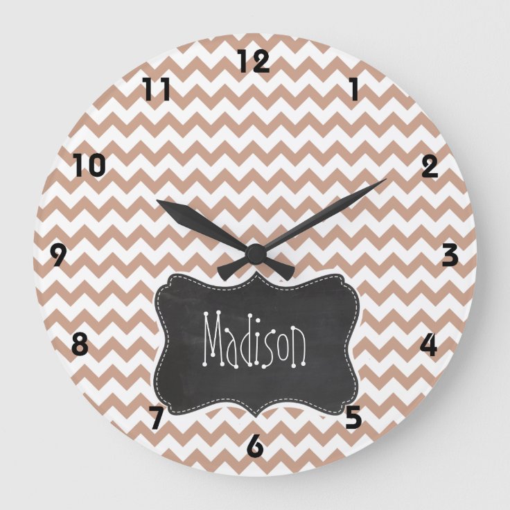 Vintage Chalkboard look; Brown Chevron Pattern Large Clock | Zazzle