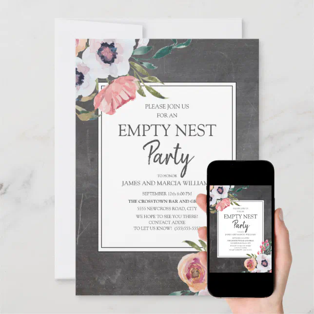 Vintage Chalkboard Pink White Floral Empty Nest Invitation | Zazzle