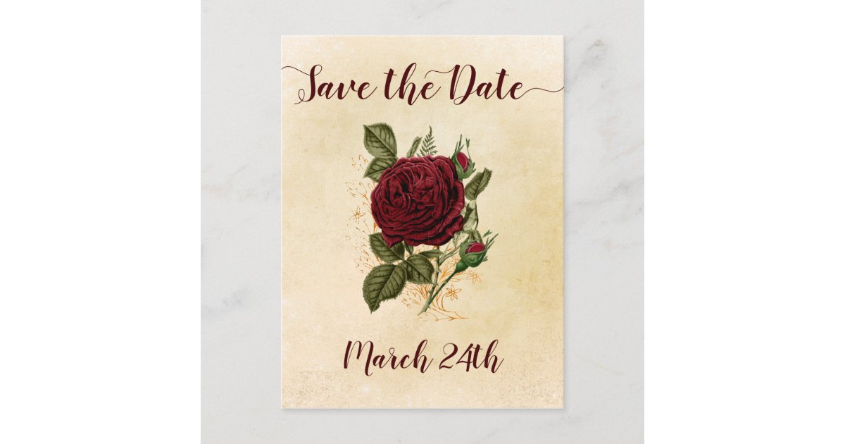 Vintage Champagne Burgundy Red Rose Save the Date Announcement Postcard ...