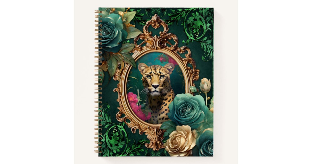 Vintage Cheetah Ornate Frame Green Flowers Notebook | Zazzle
