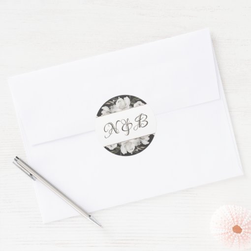 Vintage Cherish White Floral Monogram Wedding Classic Round Sticker ...