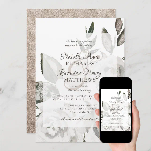 Vintage Cherish White Floral & Rose Framed Wedding Invitation | Zazzle