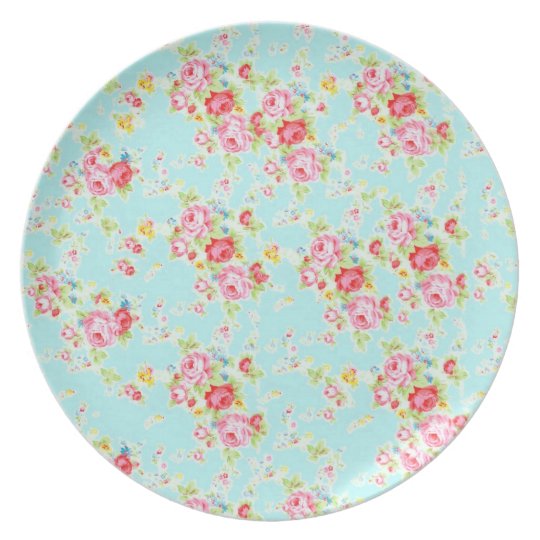 Vintage chic floral roses blue shabby rose flowers melamine plate ...
